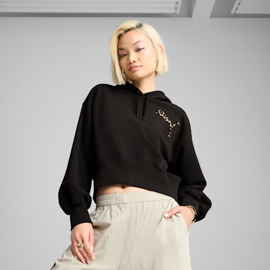 LEO LUXE Relaxed Cropped Hoodie Women | black | PUMA
